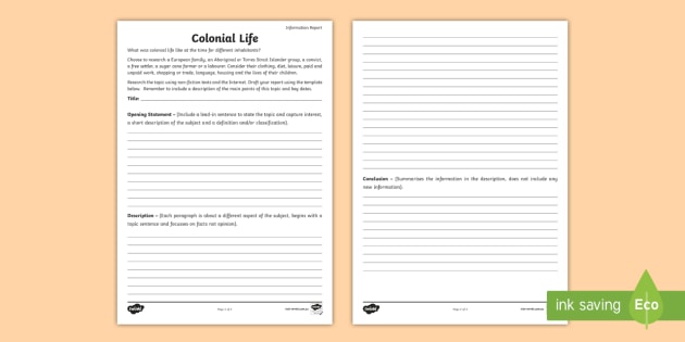 Investigating Colonial Life Report Writing Template