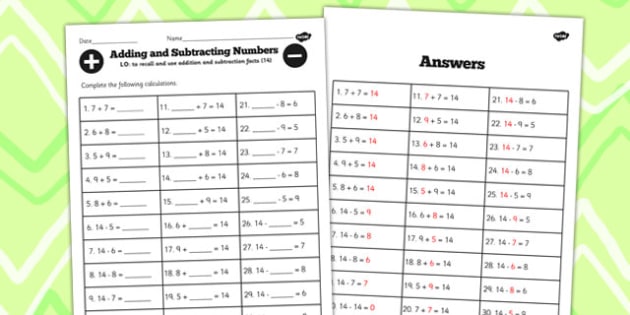 Number Facts to 14 Worksheet (teacher made)