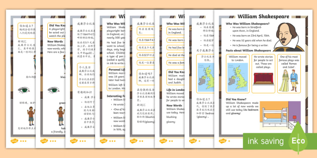 KS1 William Shakespeare Differentiated Fact File English/Mandarin Chinese