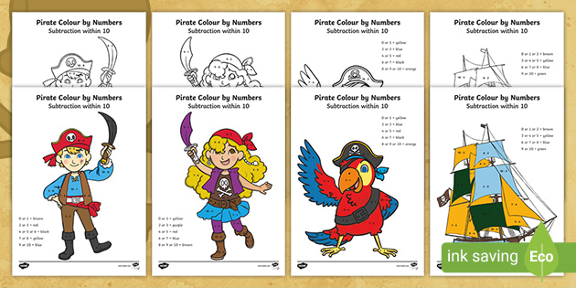 Pirate Themed Subtraction from 10 Colour by Number