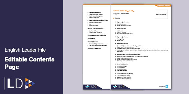 English Subject Leader File Editable Contents Page