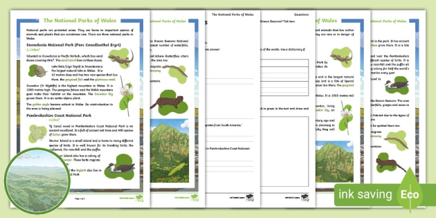National Parks of Wales Reading Comprehension (teacher made)