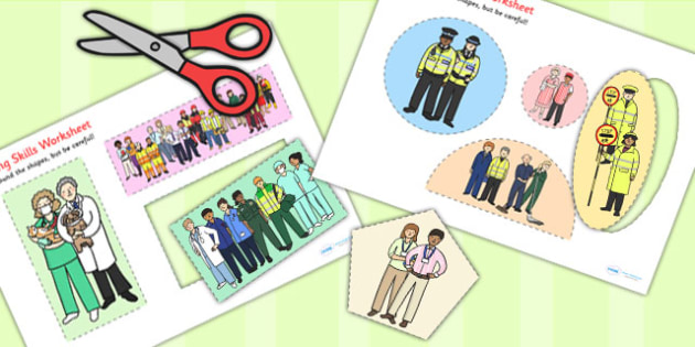 People Who Help Us Themed Cutting Skills Worksheets - motor skill