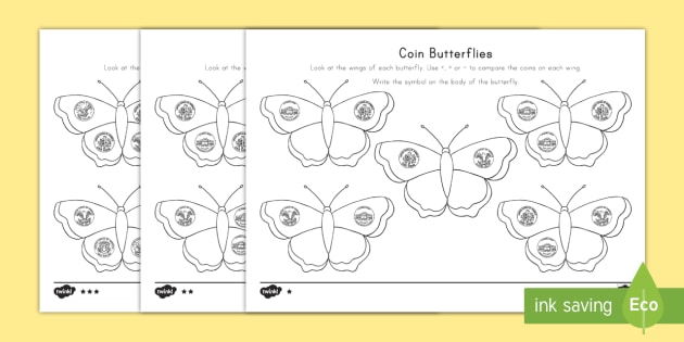 Coin Butterflies Greater Than or Less Than Activity
