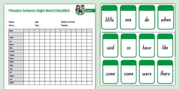 Level 4: Phonics Scheme Sight Word Cards and Checklist