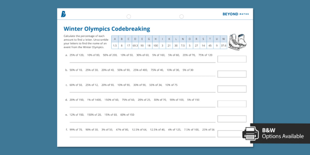 Maths Winter Olympics: Percentage of Amounts Worksheet