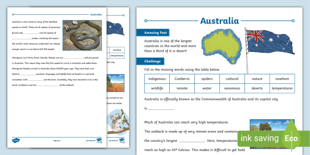 Cloze Procedure About Australia Worksheet (teacher made)