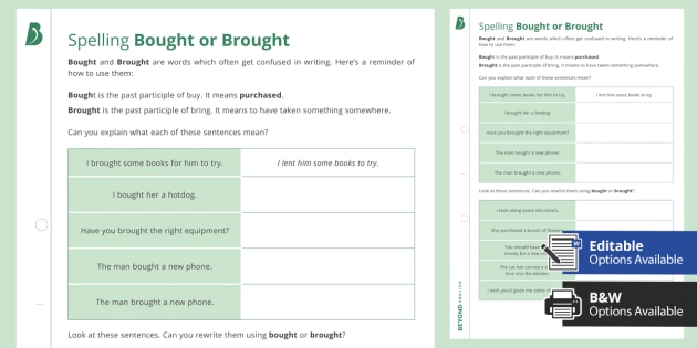 Bought or Brought in a Sentence Worksheet KS3 SPaG | Beyond