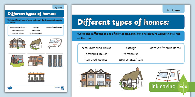 Different Types of Homes Labelling Worksheet (teacher made)