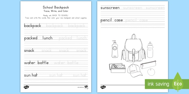 School Backpack Trace, Write, and Color Worksheet / Worksheet, worksheet