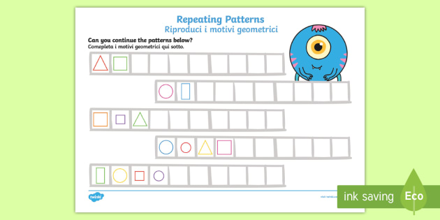 Repeating Pattern Worksheet / Worksheets (Shapes) English/Italian ...