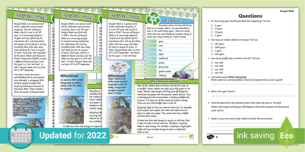 LKS2 Recycle Week Differentiated Reading Comprehension Activity