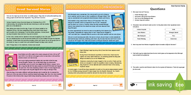 UKS2 Great Survival Stories Differentiated Reading Comprehension Activity