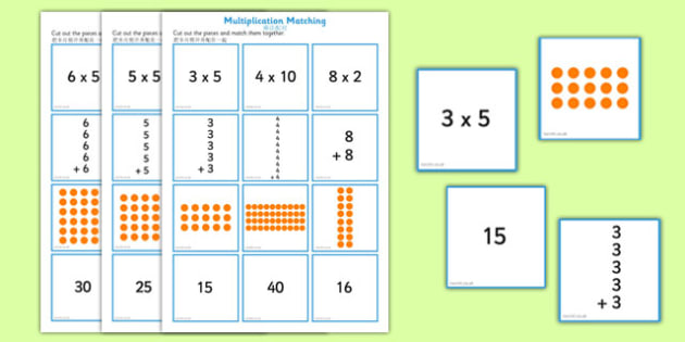 2, 5 and 10 Times Table Multiplication Matching Puzzle Mandarin Chinese