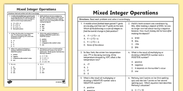 Integer Operation Worksheet Hands On Integer Operations (Part 2: