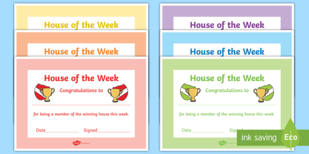 Whole School House of the Week Certificates (teacher made)