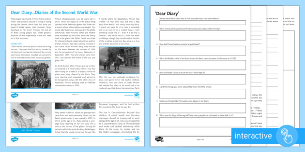 Diarists of the Second World War Differentiated Comprehension Worksheet