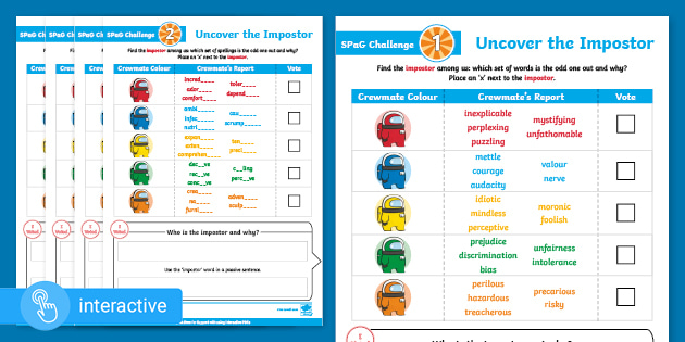 Interactive PDF: UKS2 Uncover the Impostor SPaG Challenge Activity Pack 1