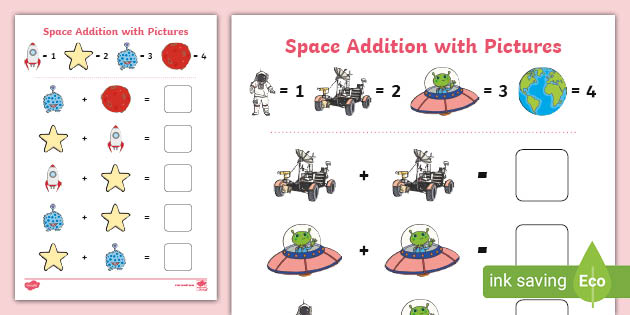 Space Themed Addition with Pictures Worksheet / Worksheet Pack
