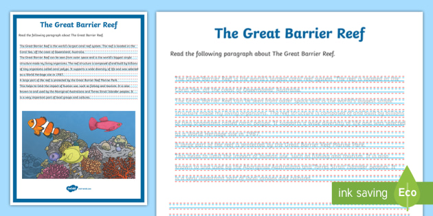 The Great Barrier Reef Handwriting Worksheet / Activity Sheet
