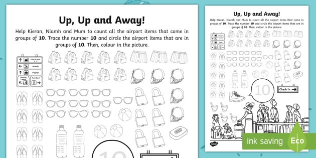 Up, Up and Away! Number 10 Travel Counting Worksheet / Worksheet