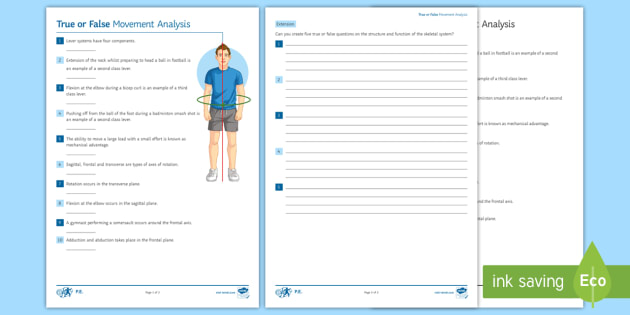 GCSE PE: Movement Analysis True or False Worksheet