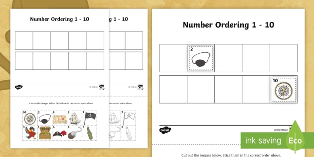 Pirate Themed Cut and Stick Number Ordering Sheets 1-10 - pirate
