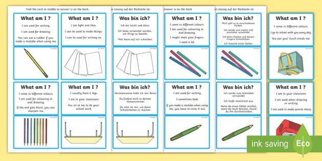 What Am I? School Objects Guessing Game Cards English/German