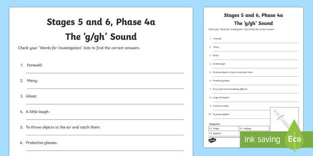 Northern Ireland Linguistic Phonics Stage 5 and 6, Phase 4a, 'g/gh' Sound