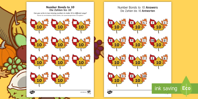 Autumn Leaf Number Bonds to 10 Worksheet / Worksheet English/German