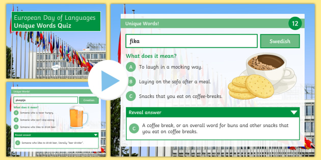 European Day of Languages: Unique Words Multiple Choice Quiz PowerPoint