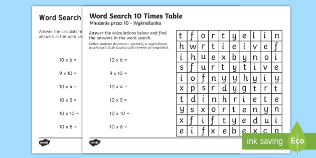 Multiplication 10 Times Tables Word Search Worksheet / Worksheet