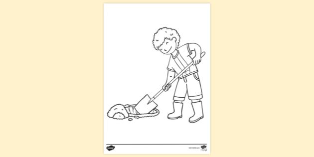 Boy Digging Hole Colouring Sheet | Colouring Sheets