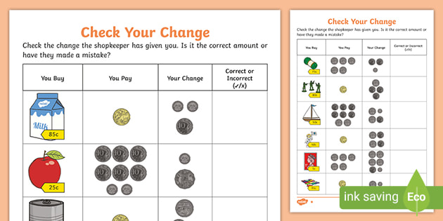 Counting Money Back Worksheets | Change from $1 | Twinkl