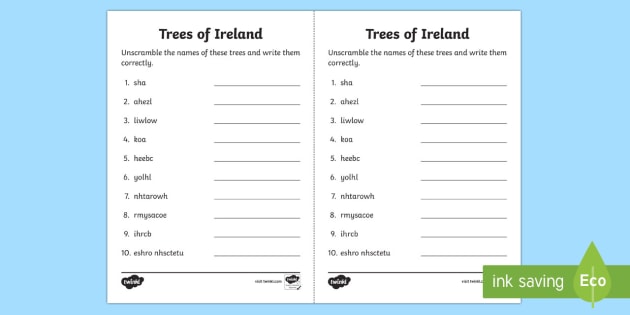 Trees of Ireland Word Scramble Worksheet / Worksheet