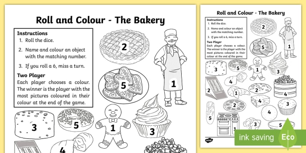 The Bakery Aistear Roll and Colour Worksheet (teacher made)