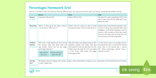 Homework Grid: Percentages Questions | KS3 Maths | Beyond
