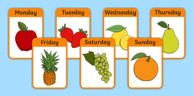 👉 Days of the Week on Fruit Flash Cards (teacher made)