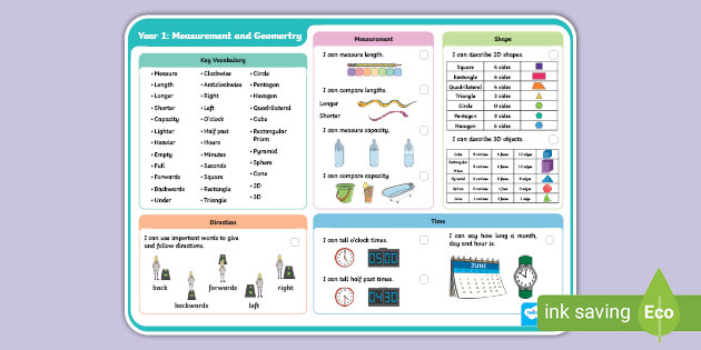 Year 1 Measurement and Geometry Maths Knowledge Organiser
