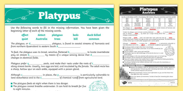 Australian Animals Years 3-6 Platypus Differentiated Cloze Passage ...