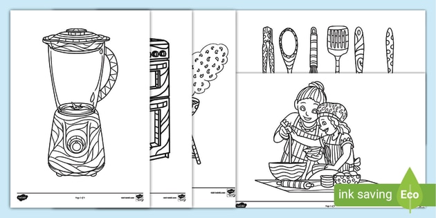 Life Skills: Cooking and Baking Equipment Colouring Sheets