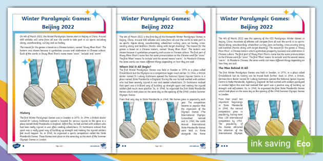 UKS2 Winter Paralympic Games Differentiated Reading Comprehension Activity