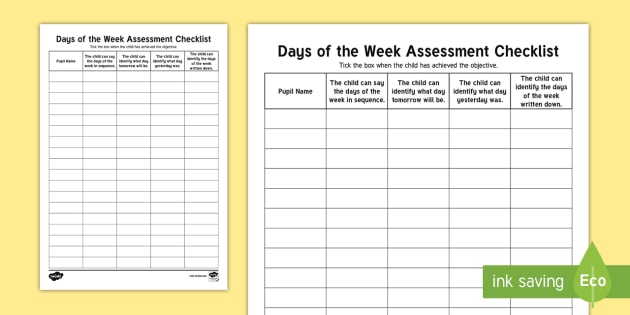 Days of the Week Assessment Checklist