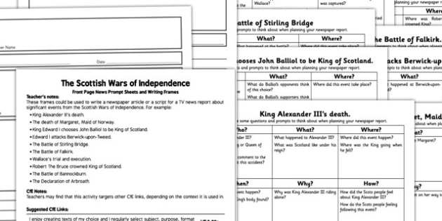 The Scottish Wars of Independence Front Page News Prompt Sheets and Writing