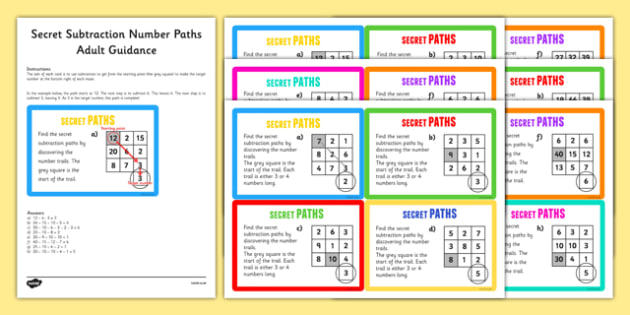 Secret Subtraction Number Paths Challenge Cards