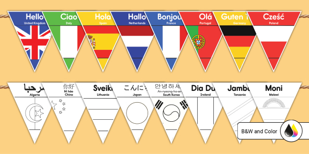 Hello in Multiple Languages Flag Bunting (Teacher-Made)