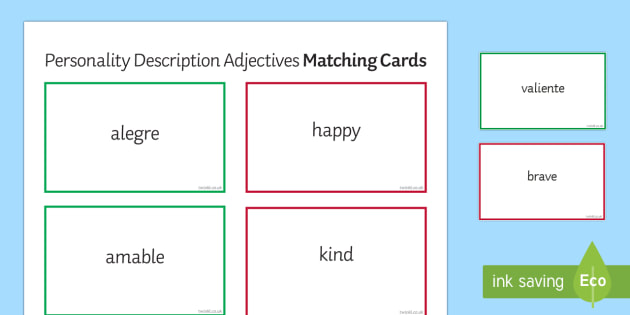 Adjectives for Personality Description Matching Cards Spanish