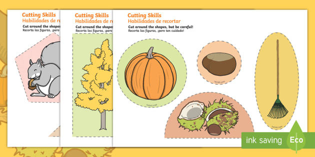 Autumn Themed Cutting Skills Worksheet / Worksheet English/Spanish