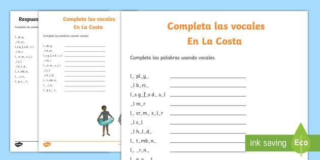 Seaside Topic Missing Vowels Worksheet / Worksheet Spanish