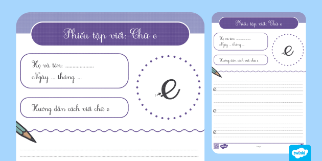 Phiếu tập viết chữ e in thường lớp 1